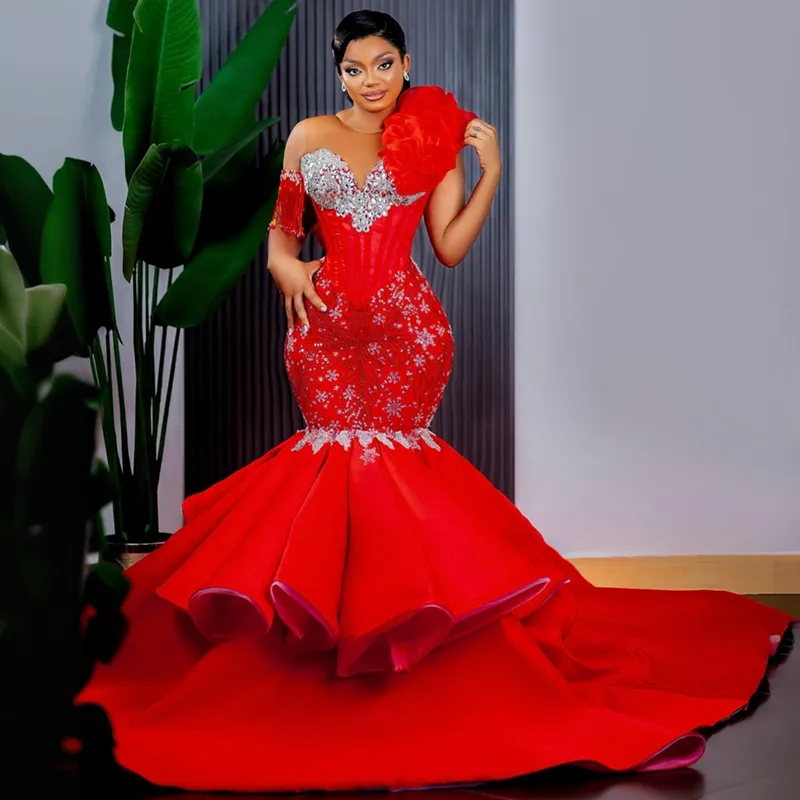 Red Mermaid red prom gown for Plus Size Women - Sheer Neck, Illusion ...
