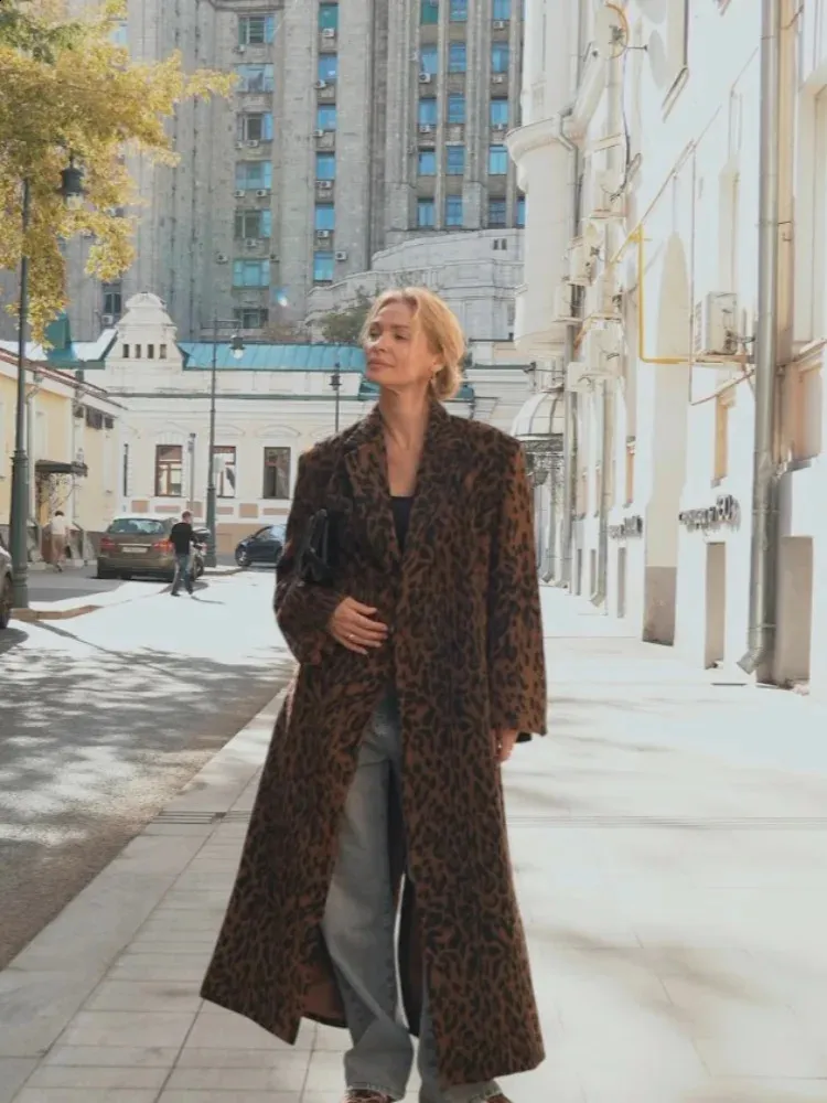 Elegant Leopard Print Wool Coat: Ladies Long Sleeve Jacket, Shop Now ...