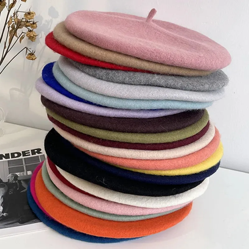 French Berets Vintage Plain Beret Hats Warm Wool Spring Winter Beanie Hat Women Girl Street Cap ...