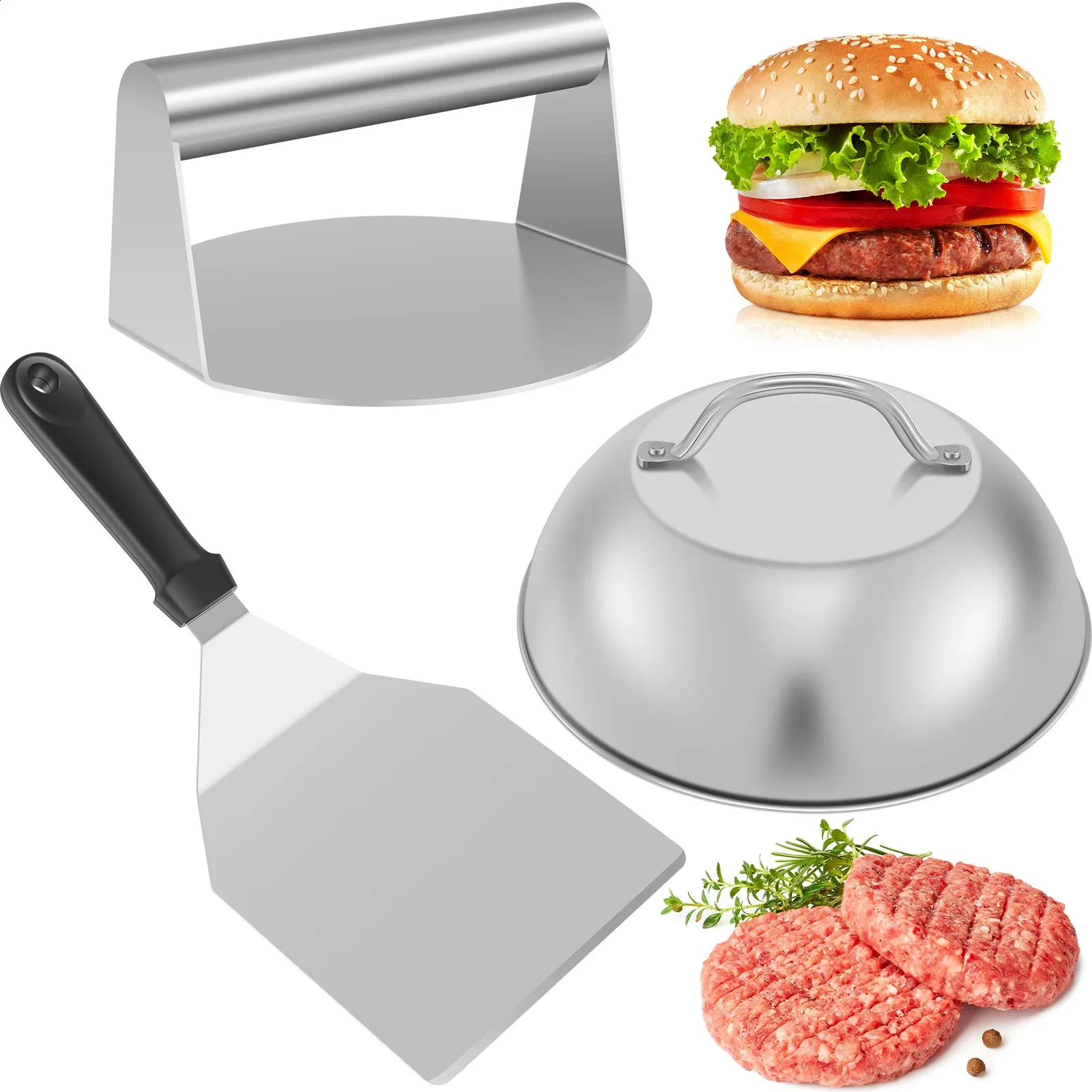 Stainless Steel Hamburger Press Kit With Griddle, Spatula, And Basting ...