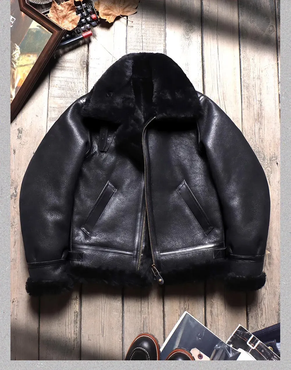 CC Shop. Mens Thick Leather Jacket. Classic B3 Bomber Winter Warm Wool ...