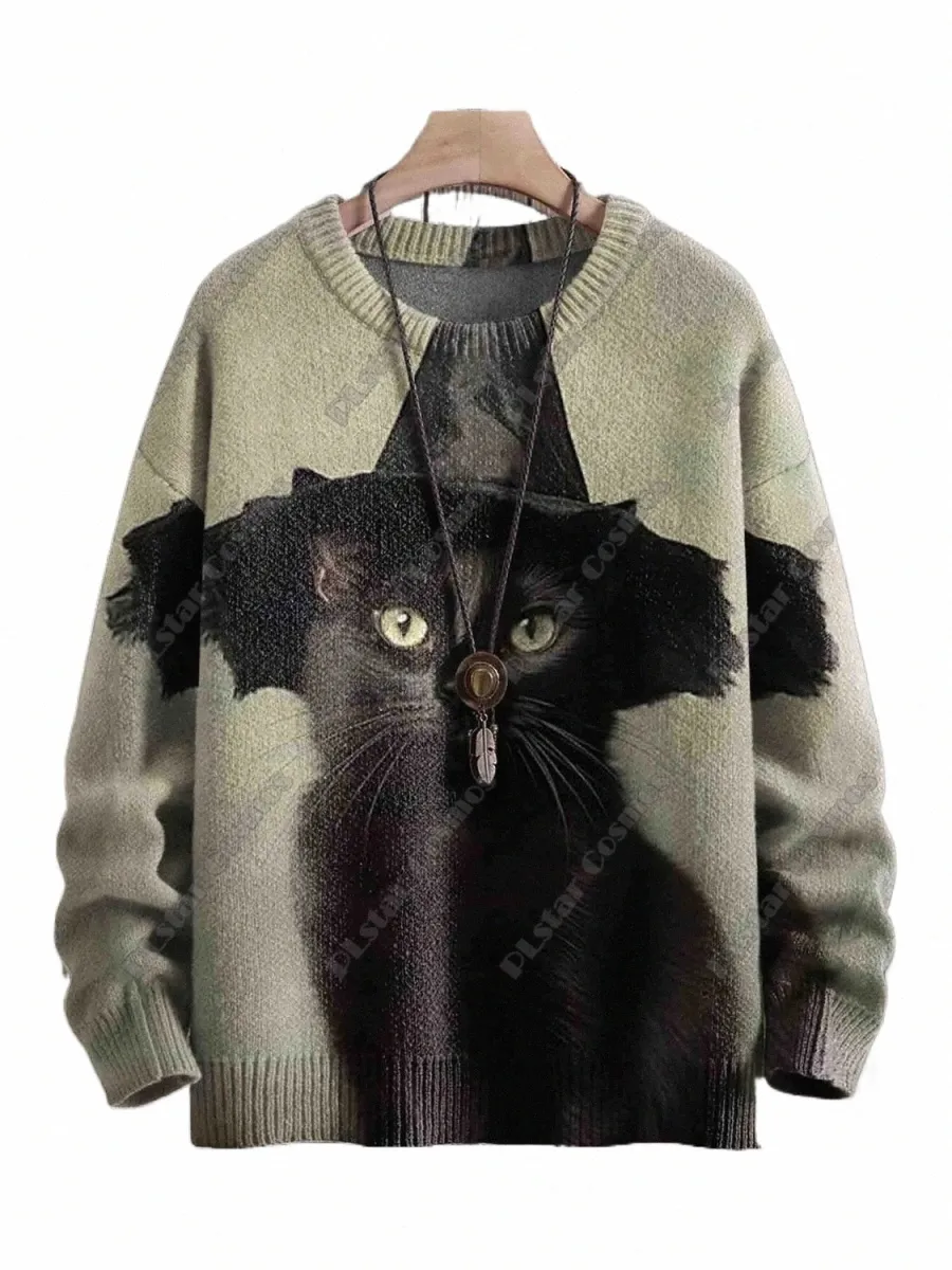 Halloween 3D Printed Horror Sweater Crow, Skeleton, Cat, And Witch ...