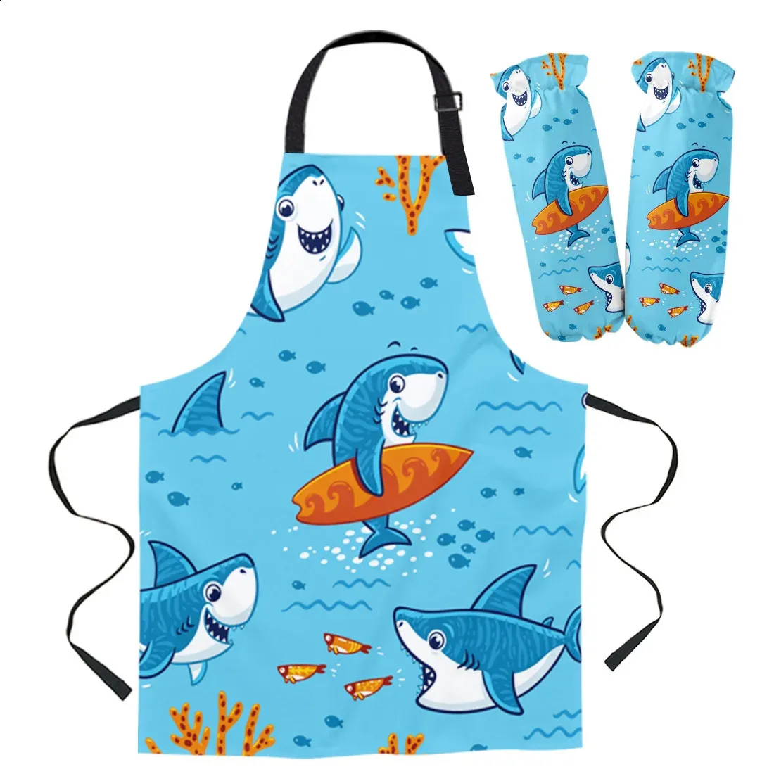 Blue Shark Cartoon Cute Aprons With Pockets With Oversleeve Oven Gloves ...