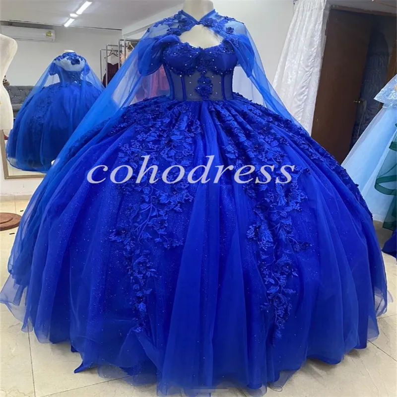 Princess Royal Blue Quinceanera Dresses Lace Beaded Ball Gown With Cape ...