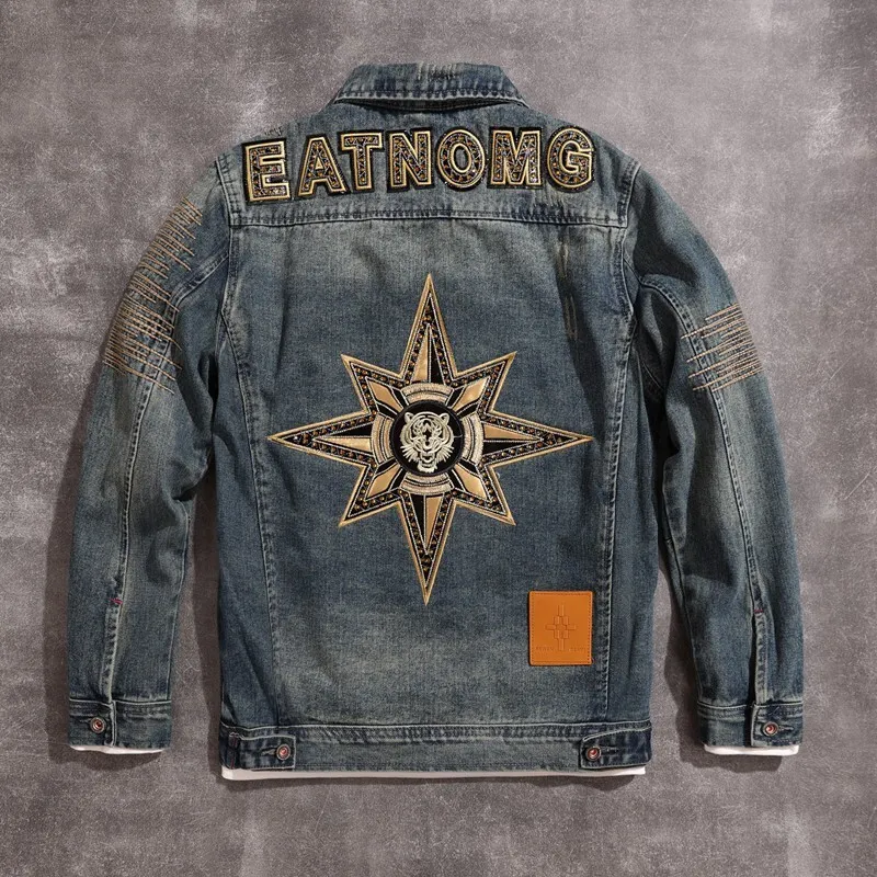 Men's Denim Jacket Loose Fit, Tiger Embroidery, Locomotive Style ...