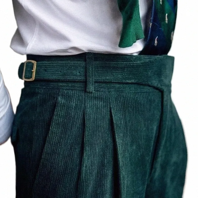 Napa Corduroy Suit Pants For Men High Waisted Adjustable Belt Straight ...