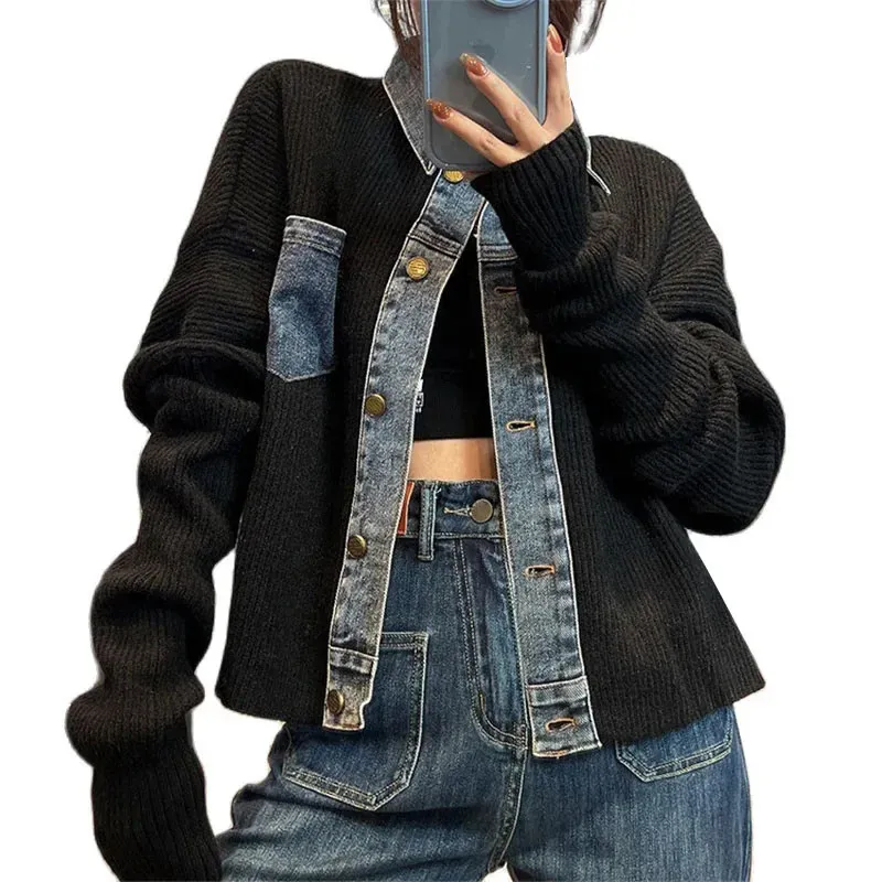 Denim Patchwork Cardigan Jacket - Women's Spliced Knit Sweater, Loose ...