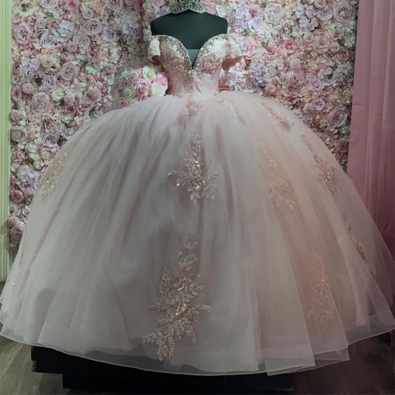 Off Shoulder Pink Princess Pale Pink Quinceanera Dresses With Applique ...