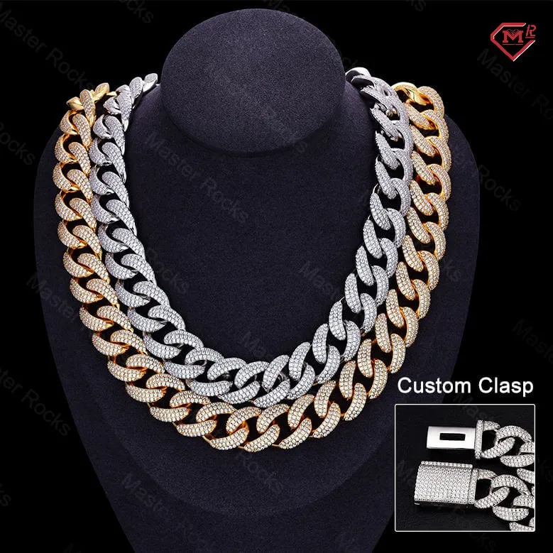 18mm Cuban Link Chain Cuban Necklace Gold With 3 Rows Of VVS Moissanite ...