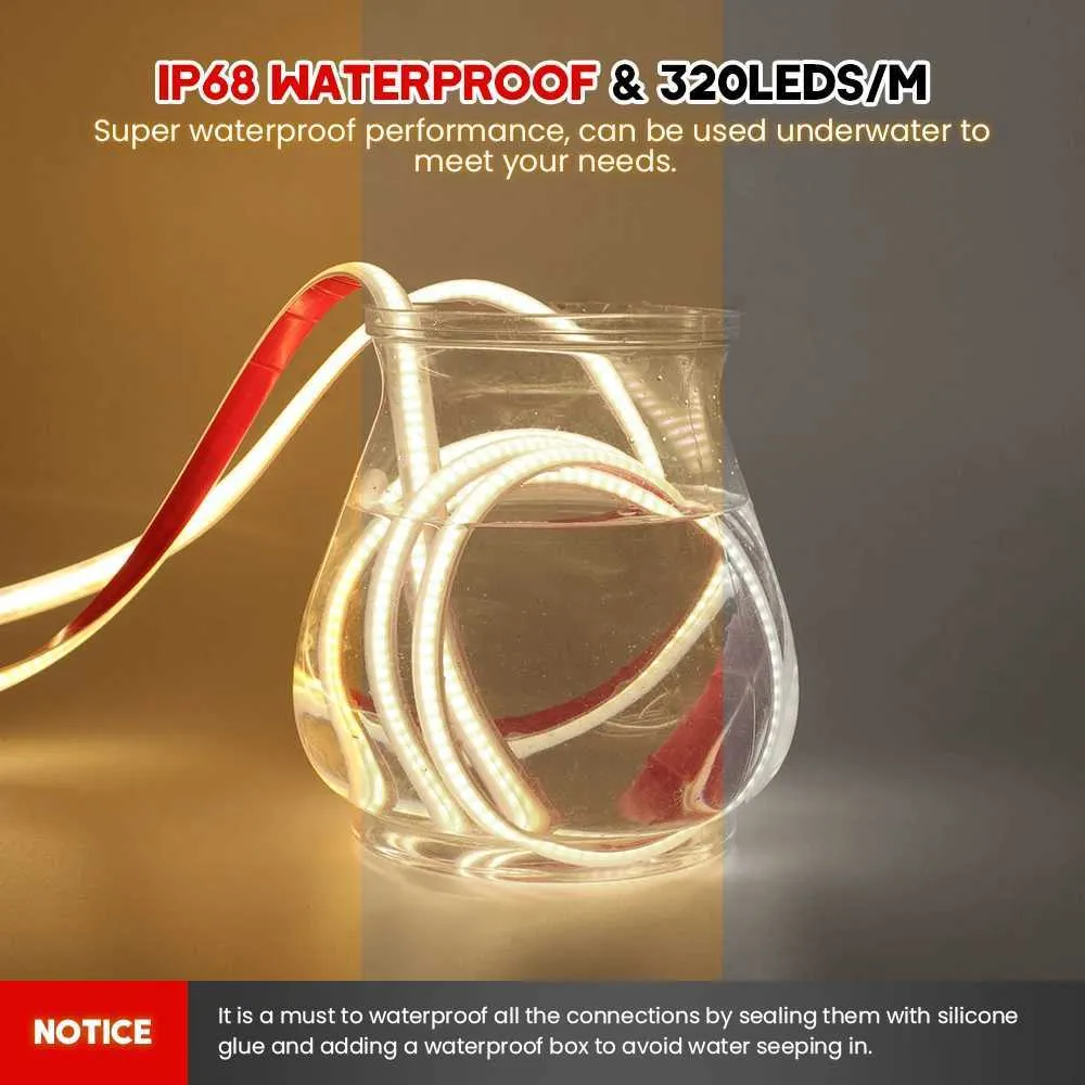 IP68 Waterproof LED Rope Lights: High Density COB Strip, 320 LEDs/m ...