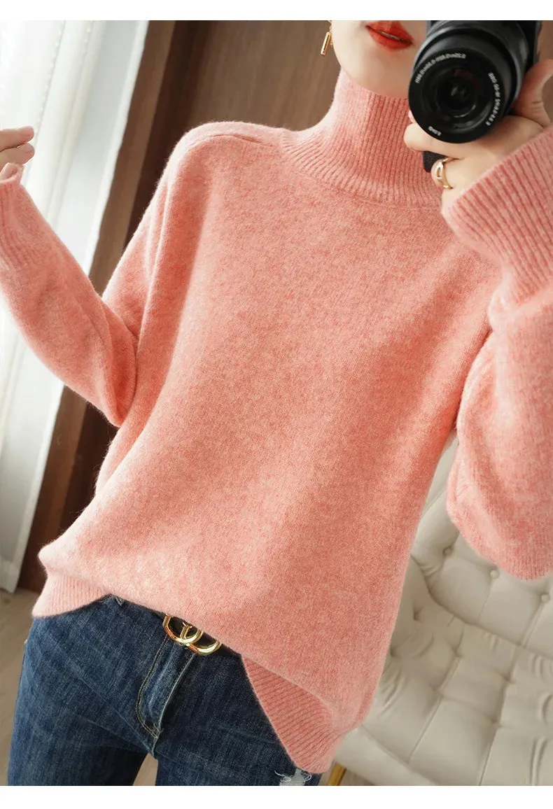 Women's 100% Pure Wool Sweater, Thick and Loose Half Turtle Neck, Latte ...