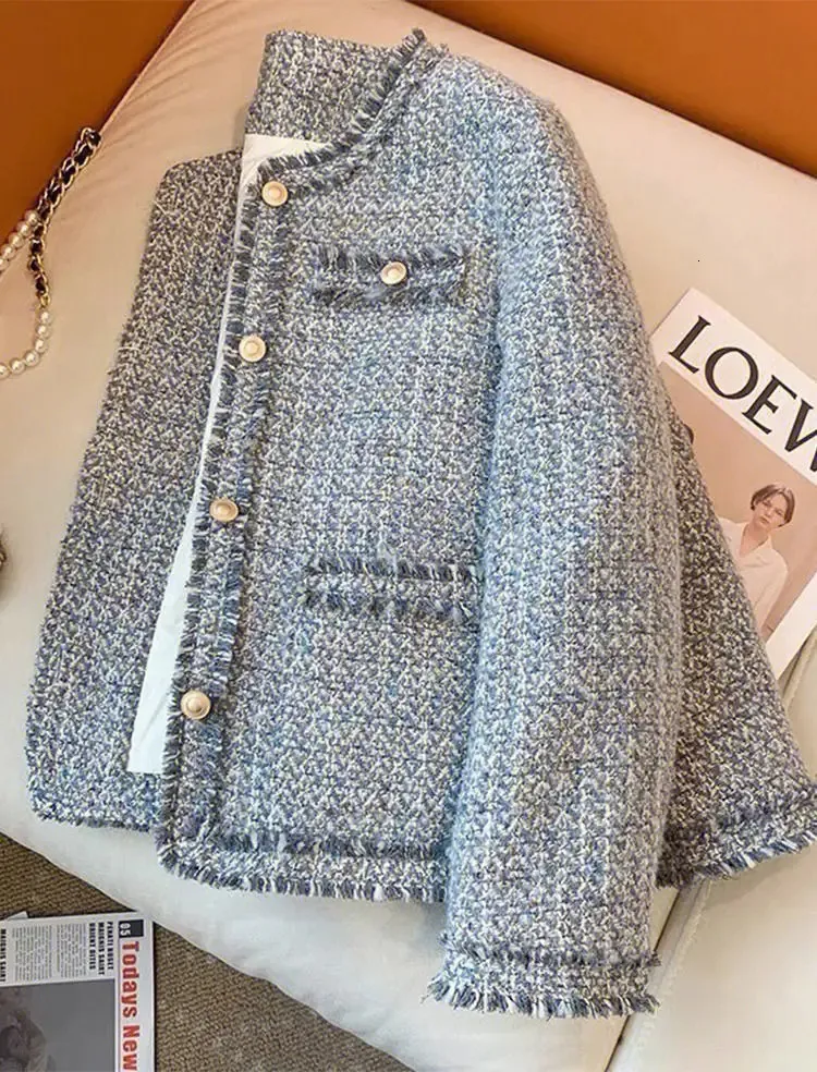 Blue Acetate Tweed Jacket Asymmetric Length Casual Wear for Spring ...