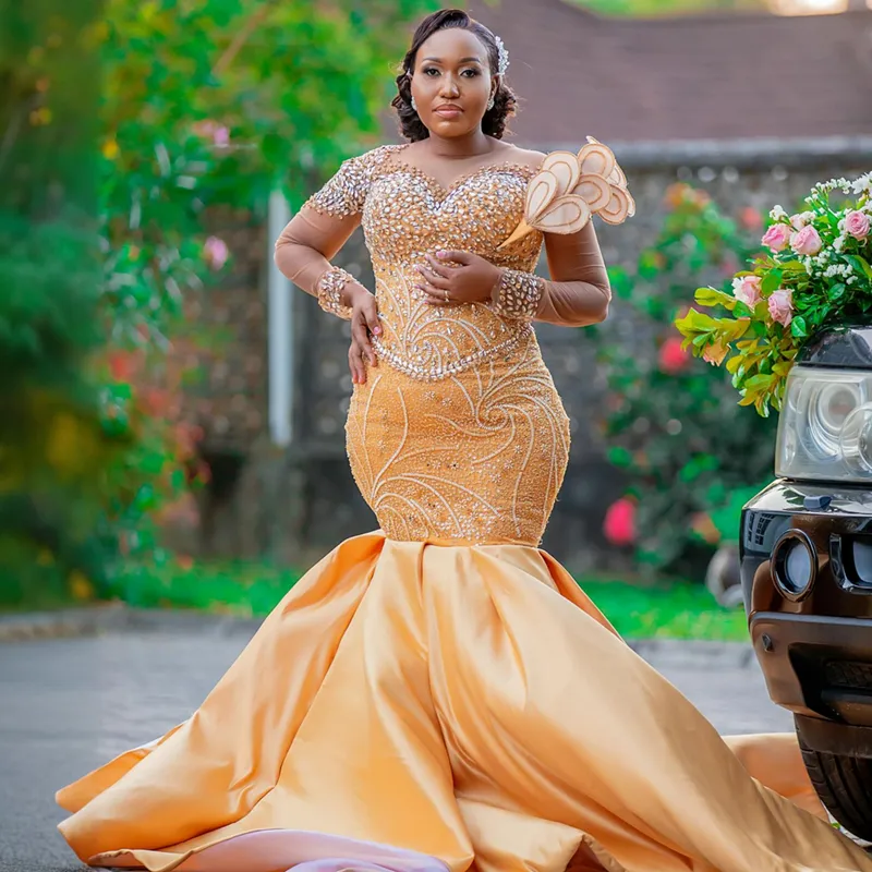 Plus Size Gold Mermaid Prom Dress | Aso Ebi Lace Evening Dresses For ...