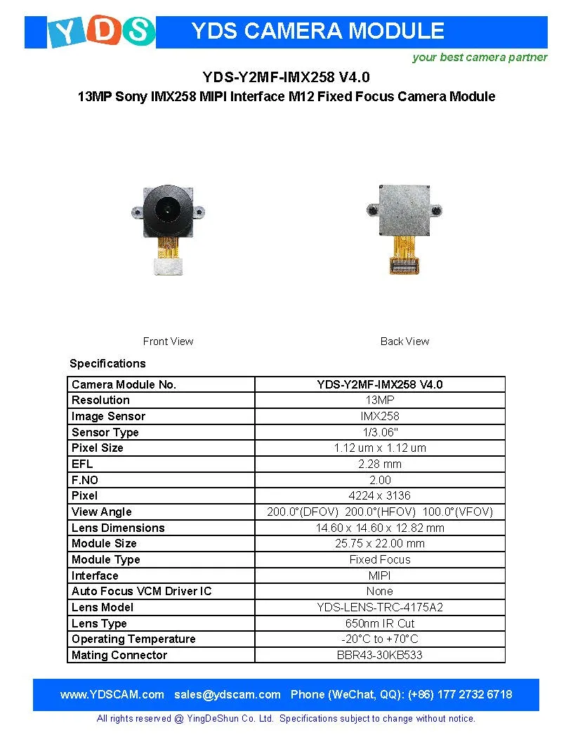 13MP IMX258 MIPI Camera Module - M12 Fixed Focus, High Quality, YDS ...