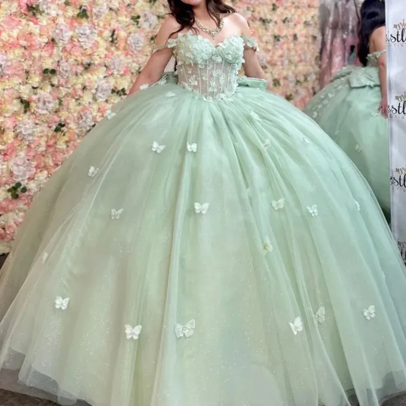 Mint Green Quinceanera Ball Gown with Cape - Tulle, Lace, Beads, Bow ...