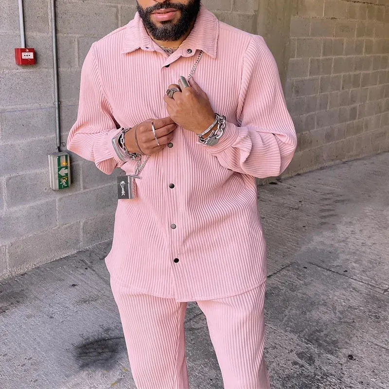 Men's Corduroy Two-Piece Set - Long Sleeve Shirt & Pants, Solid Color ...