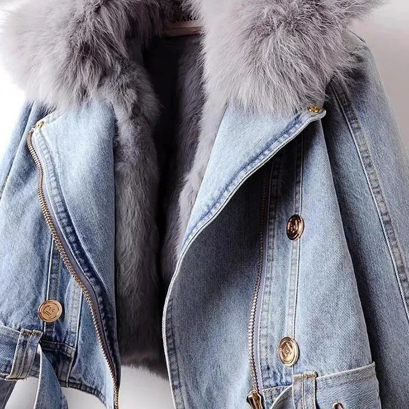 Fur Lined Denim Jacket: Women's Winter Warm Short Parka with Faux Fox ...