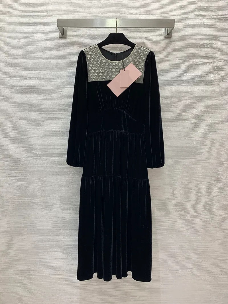 Black Rhinestone Western Wear Midi Dress Long Sleeve, Round Neck, Solid ...