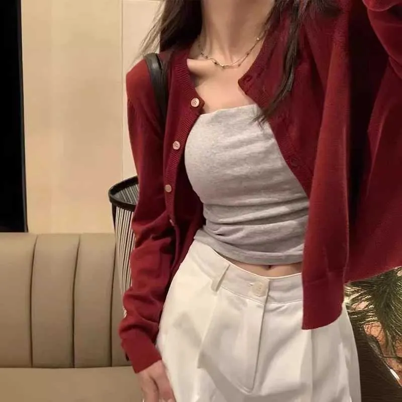 Women's Open Knit Red Crop Sweater - Long Sleeve, Casual Fall Top from ...