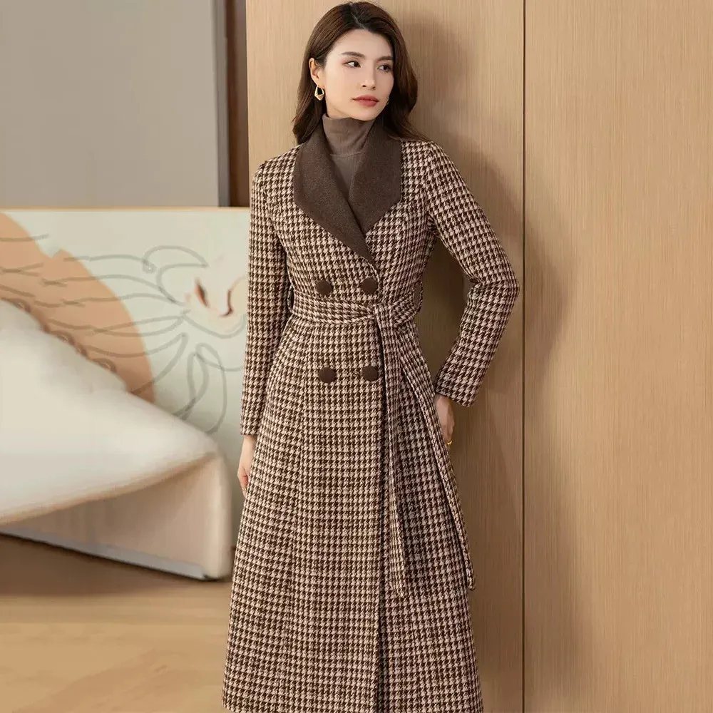 Women's Brown Plaid Wool Blend Double Breasted Overcoat - Houndstooth ...
