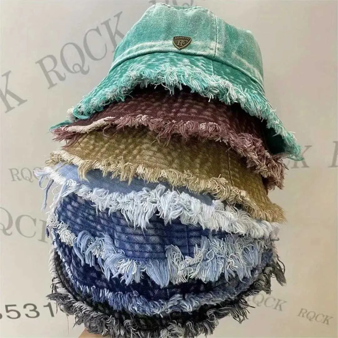 Washed Sand Denim Burr Edge Bucket Hat Womens Solid Retro Street ...