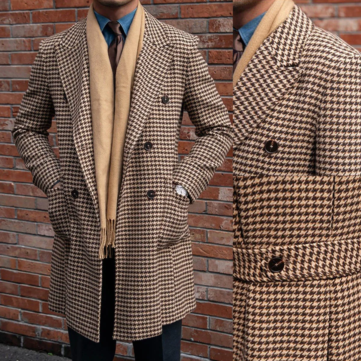 Men's Houndstooth Wool Blend Overcoat - Double Breasted, Peaked Lapel ...