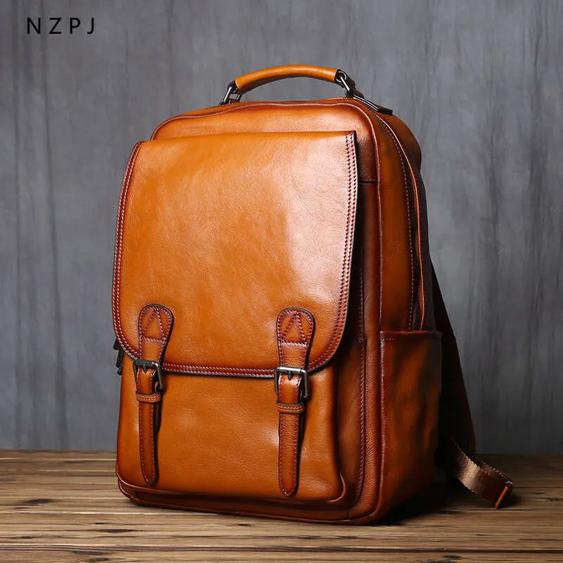 Natural Cowhide Leather Backpack for Men - 16 Inch Laptop, School ...