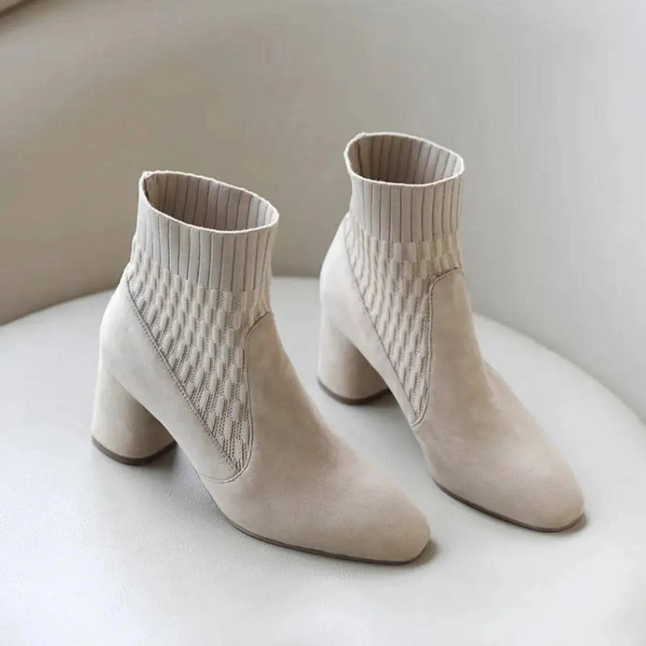Women's Pointed Ankle Boots - Suede & Knitted, High Heel, Winter Casual ...