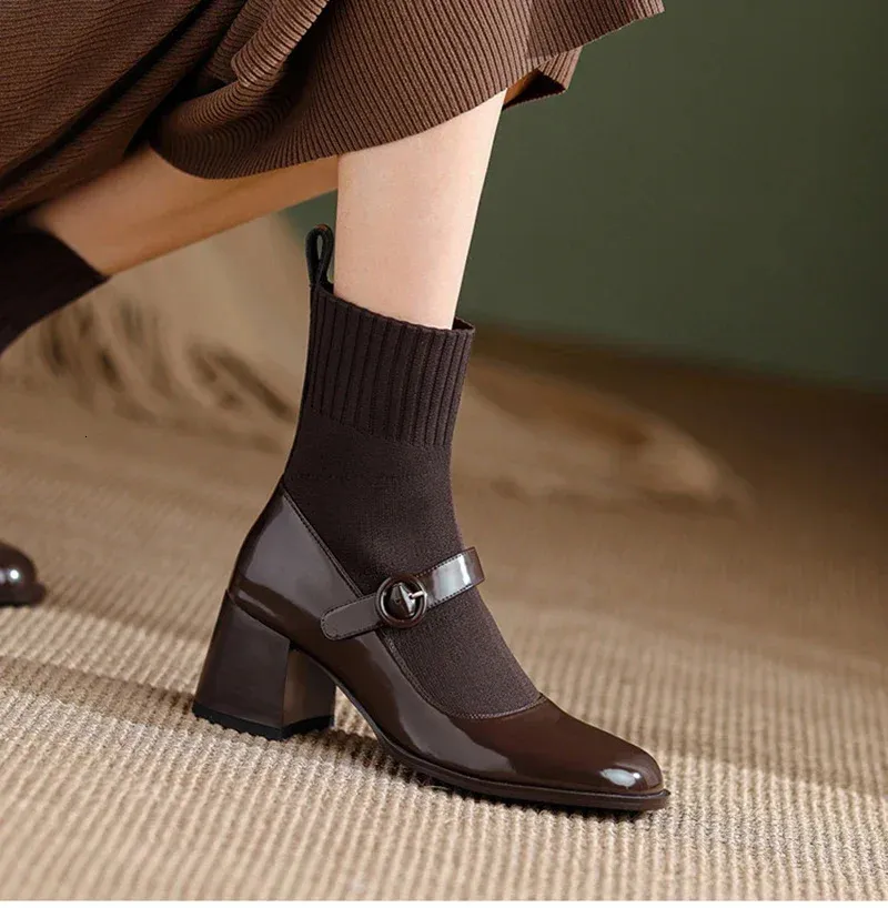 Women's Brown Knitted Ankle Boots - Square Toe, Elastic Panel, Retro ...