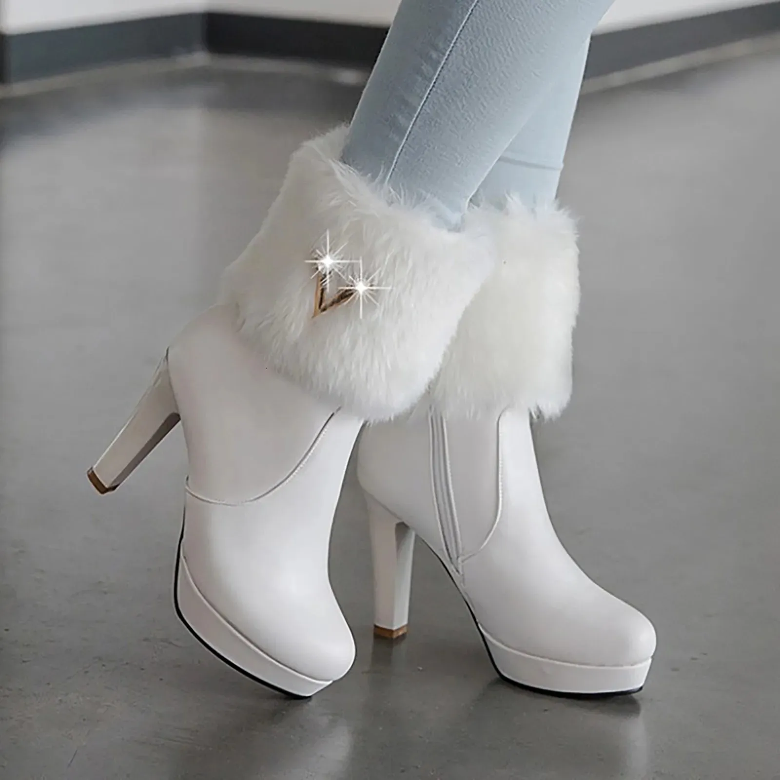 Fuzzy Heels Winter Ankle Boots With Side Zipper Elegant Women's High ...
