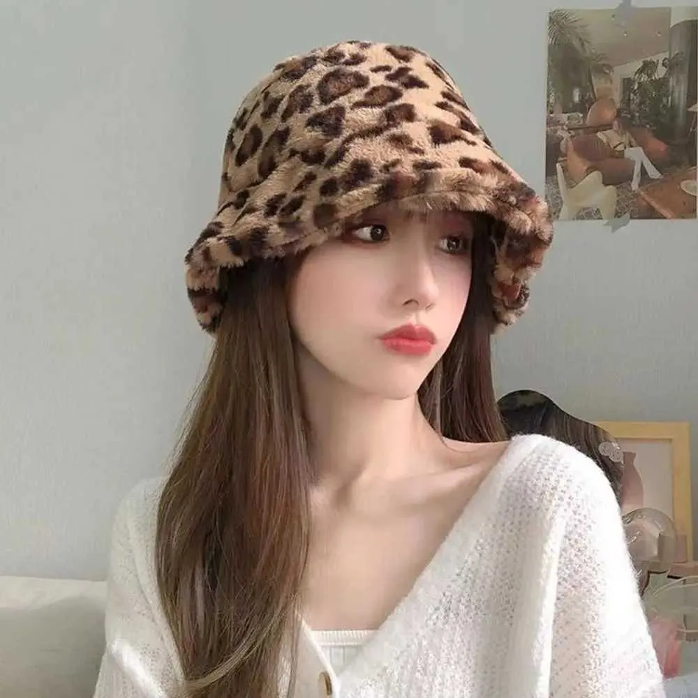 Leopard Print Plush Bucket Hat Warm Lamb Wool Fisherman Cap For Winter ...