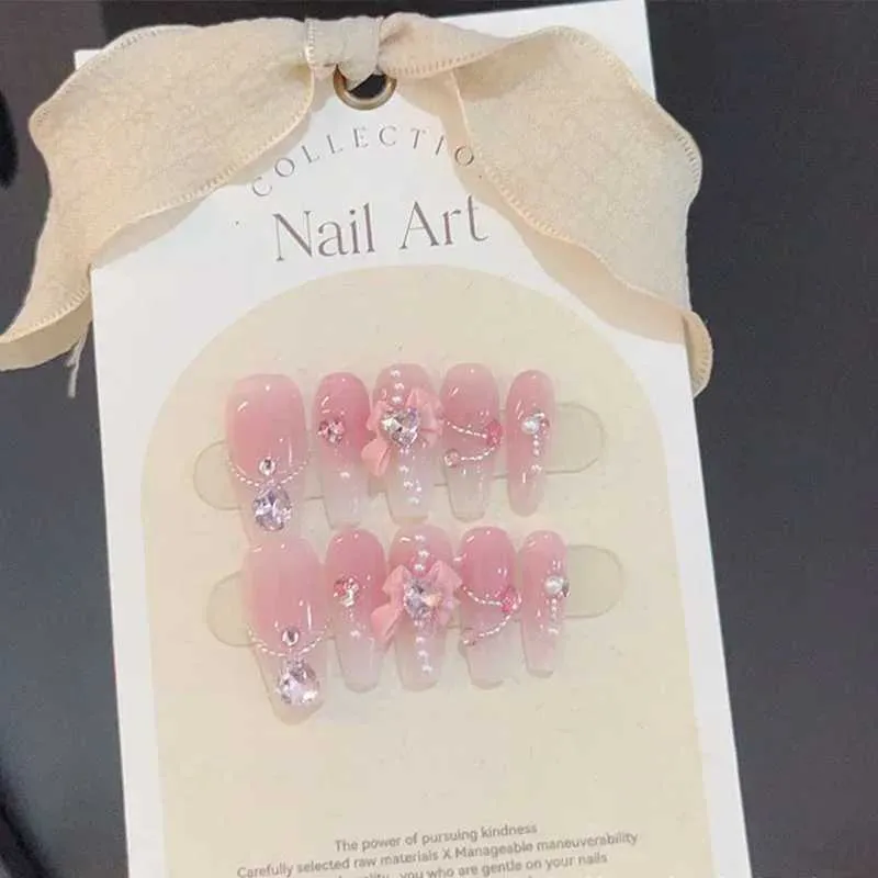 W241026 Pink Gradient Fake Nails 10 Hand Pressed 3D Moon Heart Diamond ...