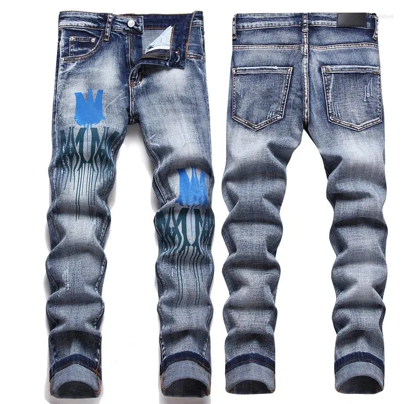Men's Slim Fit Cotton Biker Jeans Men With Full Sweep And Printed ...