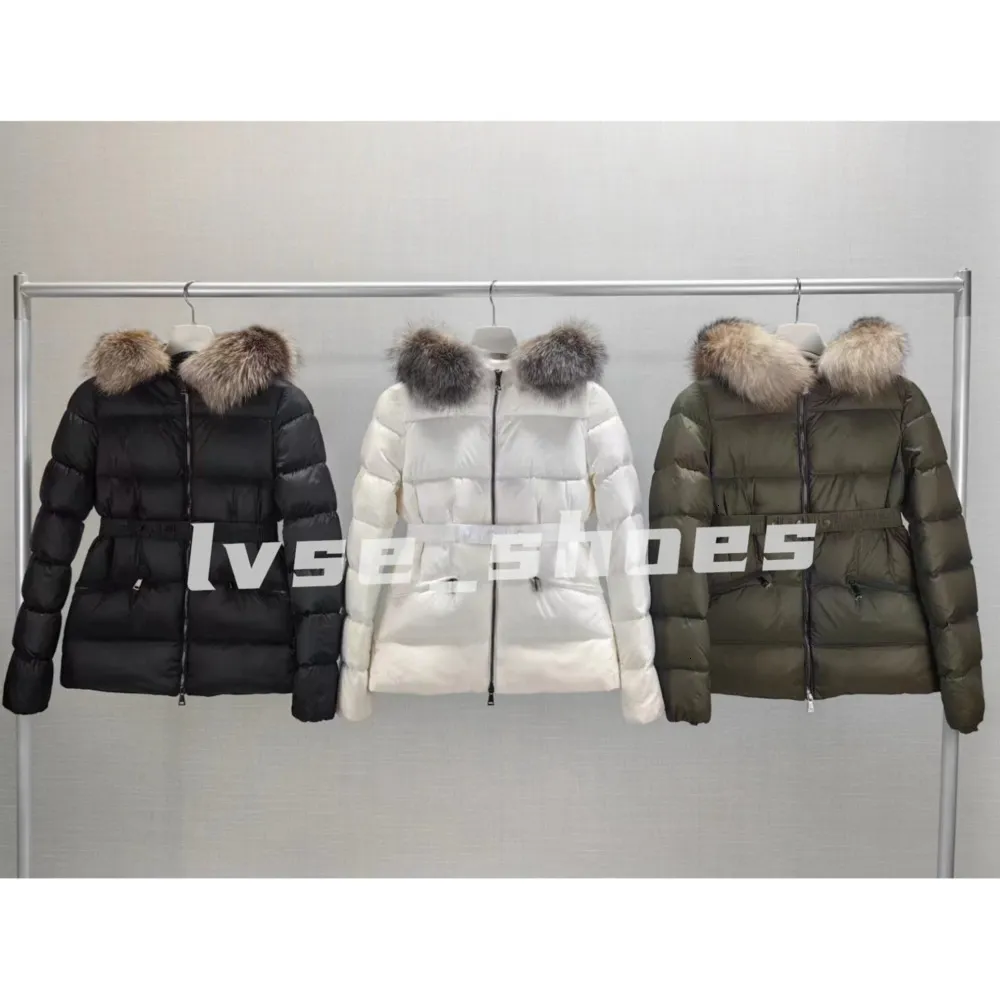 Short puffer jacket with fur hood zipper closure white duck down ...