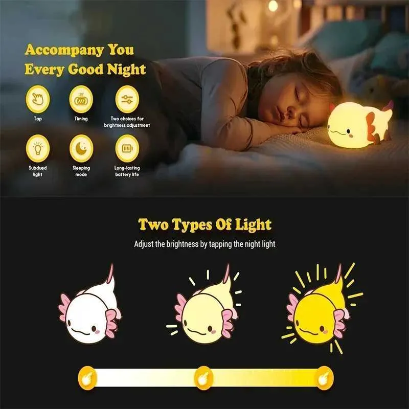 Cute Axolotl Night Light: Soft Silicone Baby Sleep Lamp, Touch Control ...