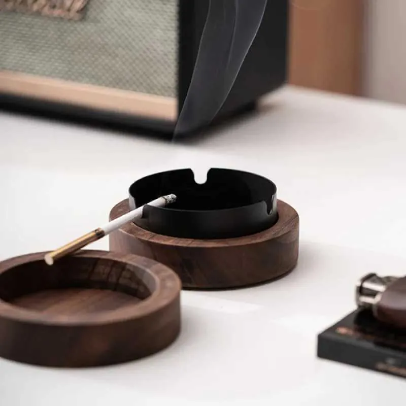 Wooden Ashtray With Lid Smokers Stainless Steel Liner Windproof Ashtray ...
