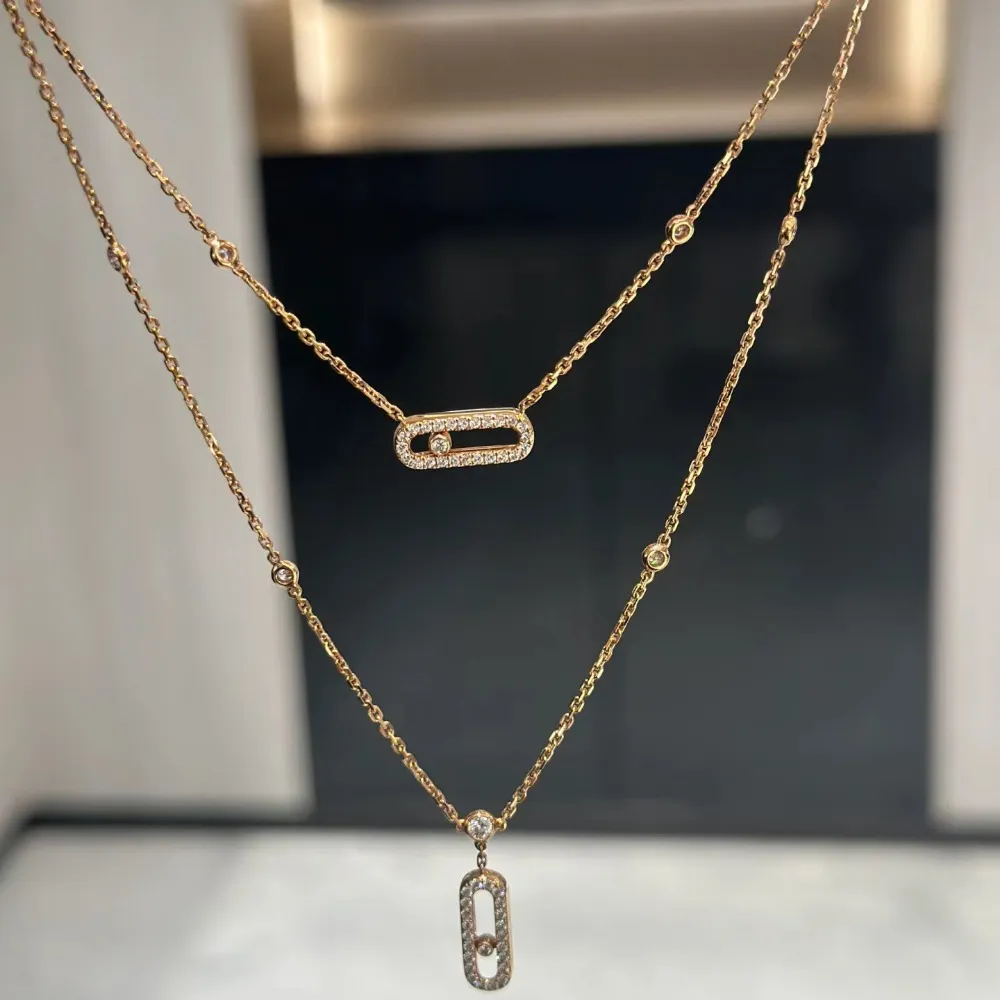 Rectangular pendant necklace with movable diamond studs, 16.9 in silver ...