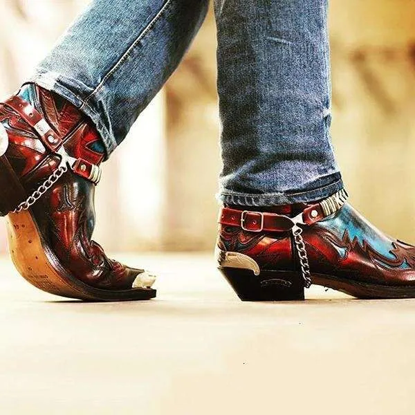 Mens Pointed Toe Cowboy Boots Stylish Color Block Western Boots ...