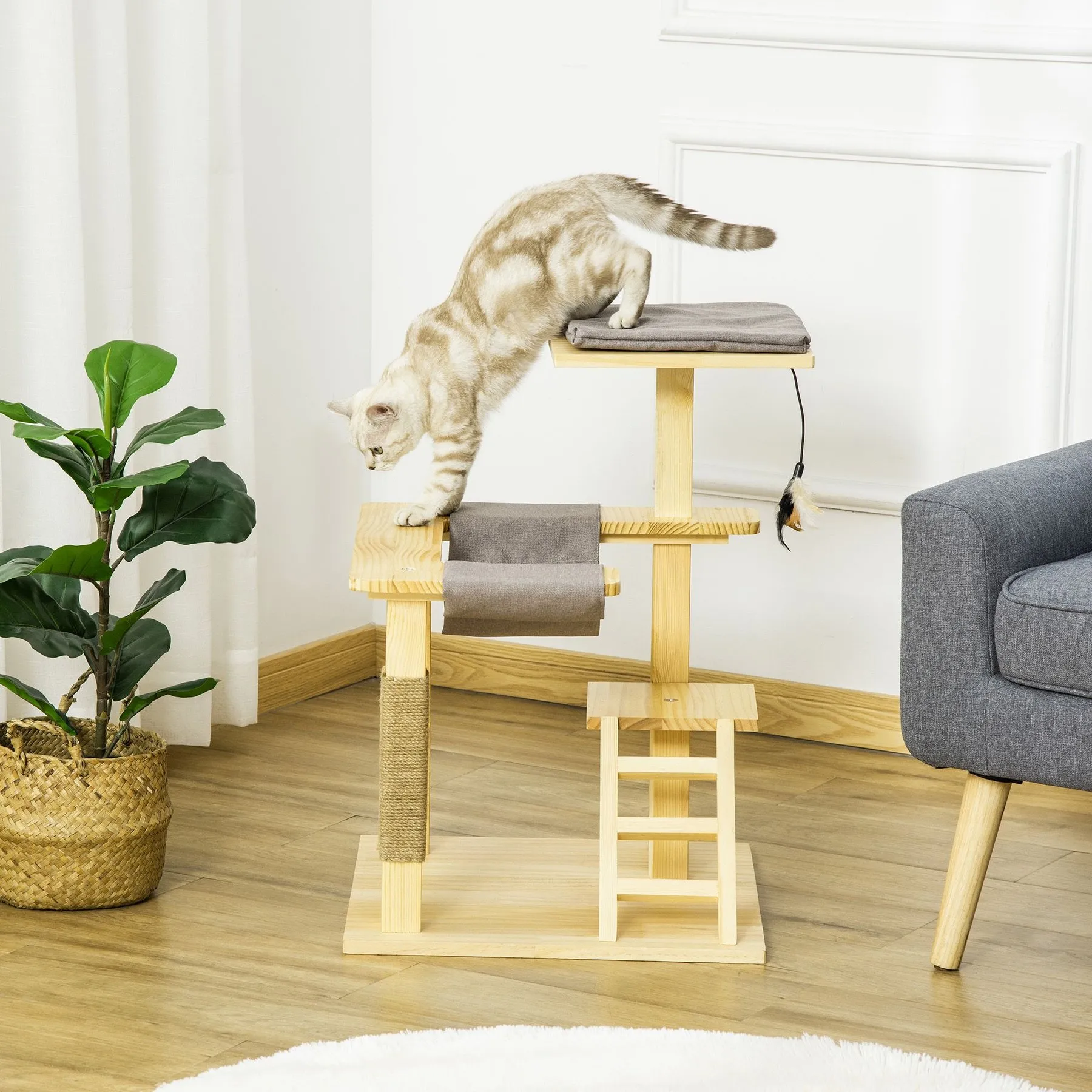 Pineapple Cat Bed & Wood Cat Tree with Perch - Premium Activity Center ...