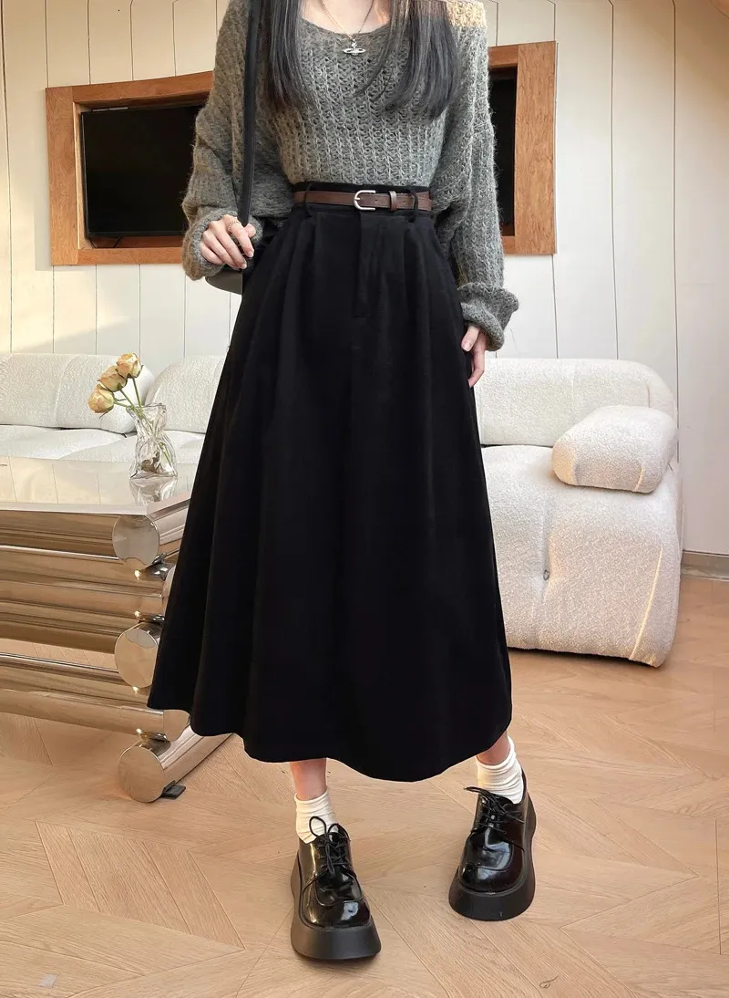 Korean Women's Brown Corduroy High Waisted Long Pleated A-Line Skiing ...