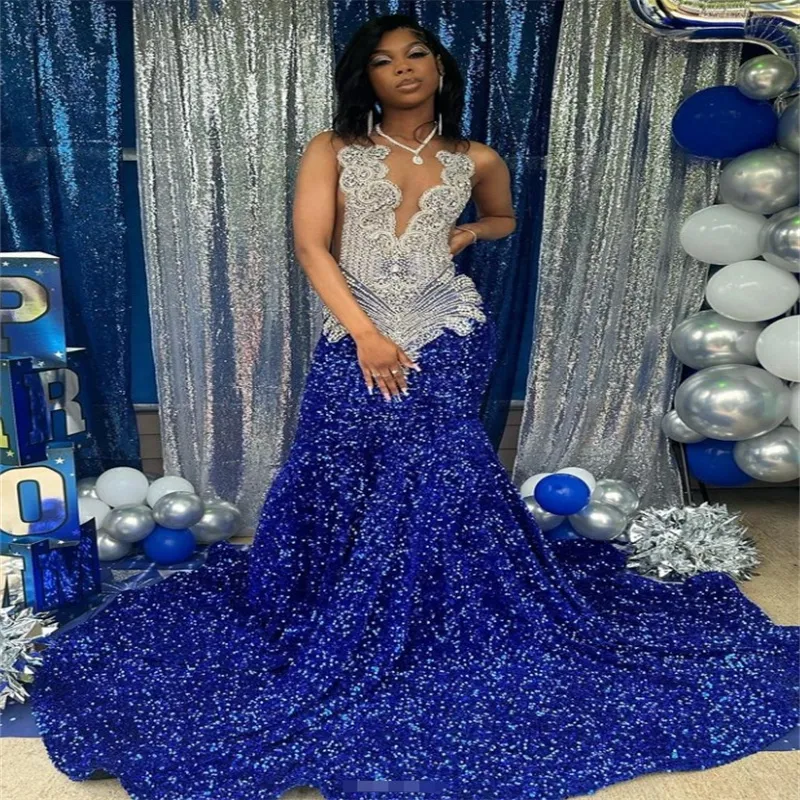 Sparkling Glitter Blue Mermaid prom dress stores with Rhinestone ...