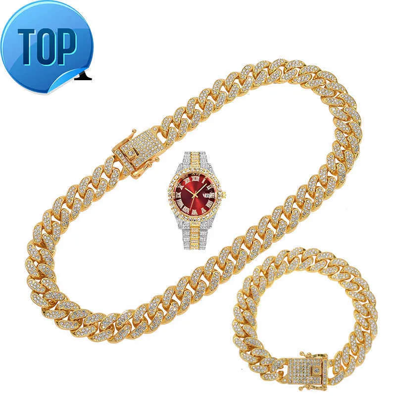 Men's Iced Out Quartz Watch Set With American Diamond Necklace Set ...