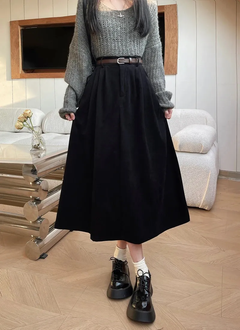 Korean Women's Brown Corduroy High Waisted Long Pleated A-Line Skiing ...