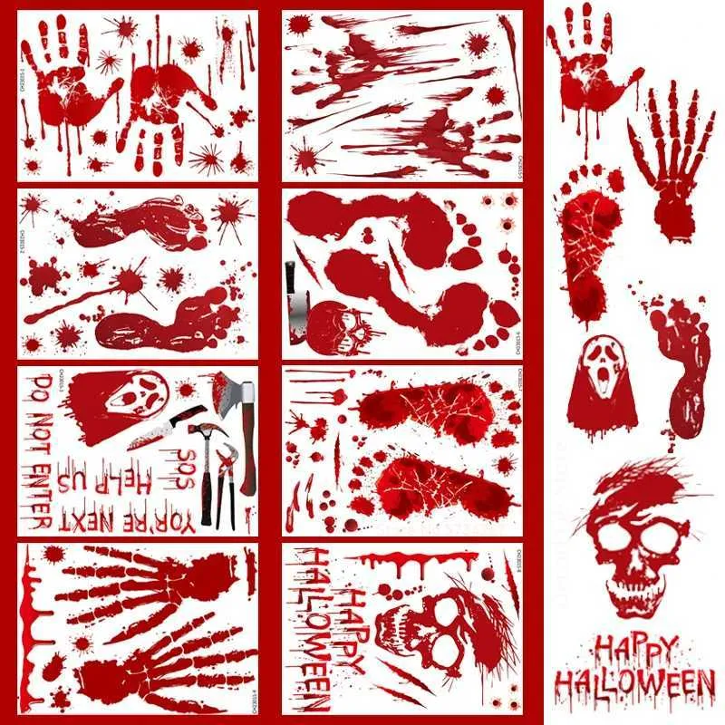 Window Stickers Horror Bloody Handprint Footprint Blood Skull Halloween ...