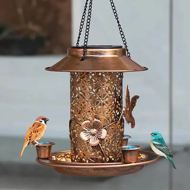 Solar Metal Bird Feeder with LED Light - Outdoor Hanging Bird House ...