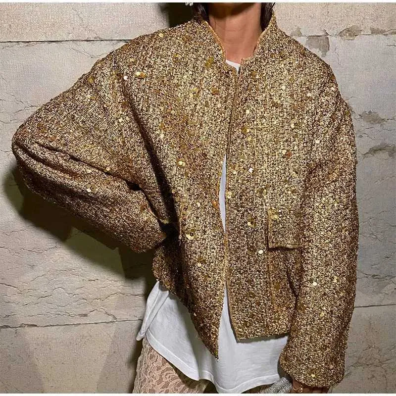 Gold Glitter Shiny Pocket Jacket - Women's Retro Stand Up Collar ...