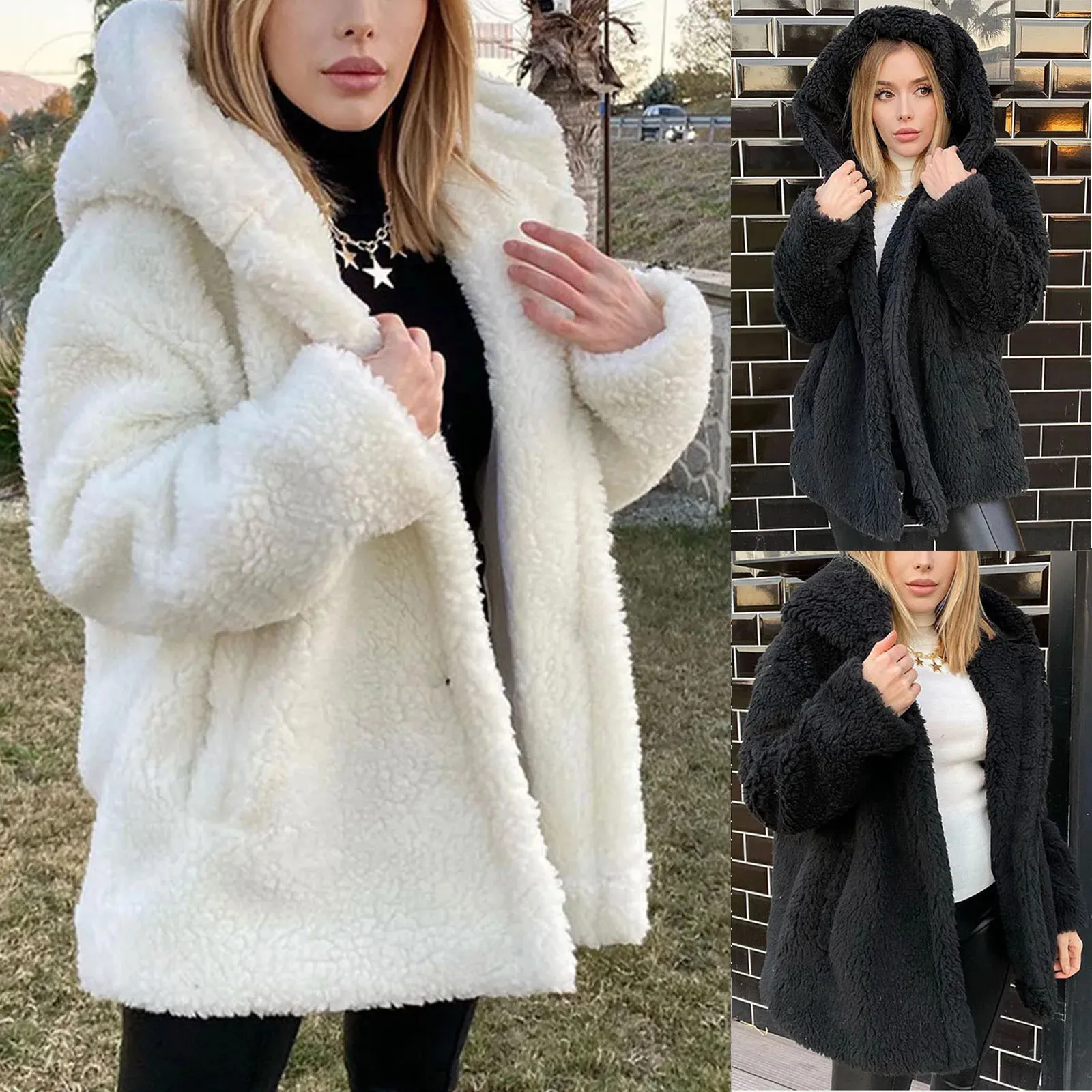 Women's Faux Fur Hooded Coat With Bat Sleeves –... From Charm_clothes ...
