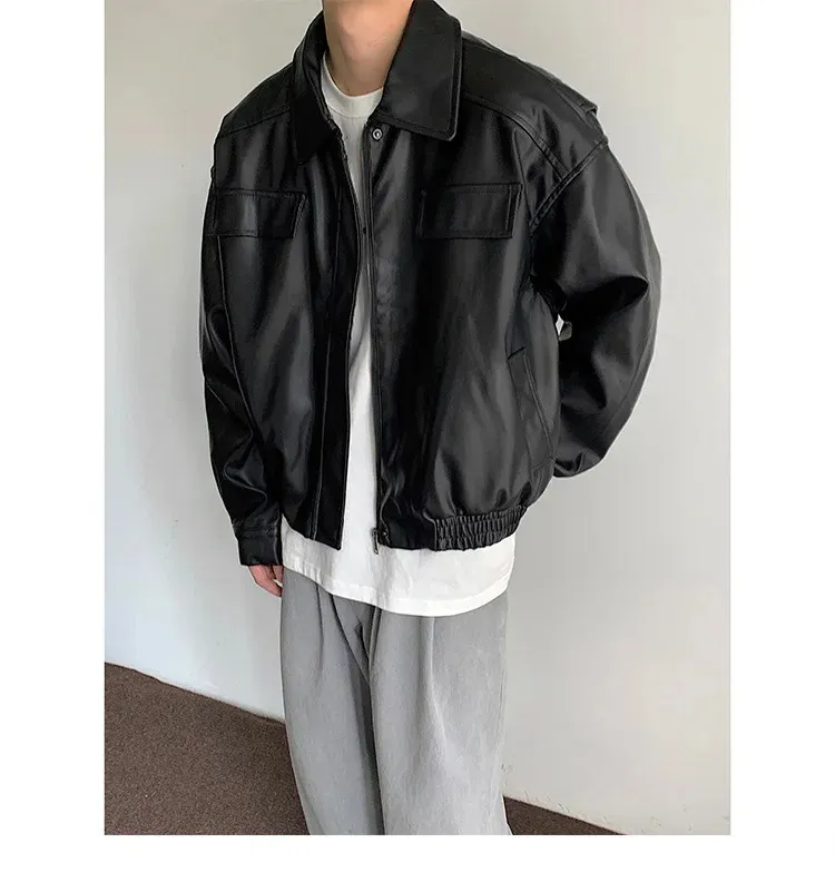 Men's Casual Textured Pu Leather Jacket With Street Zipper Lapel, Long ...