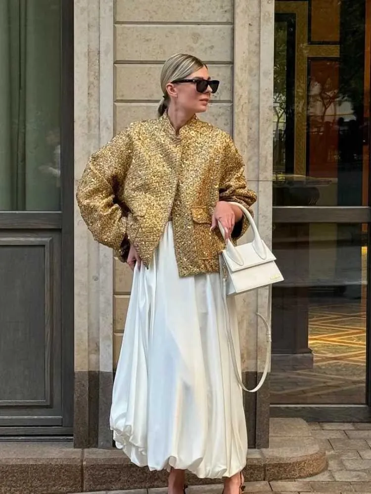 Gold Glitter Shiny Pocket Jacket - Women's Retro Stand Up Collar ...