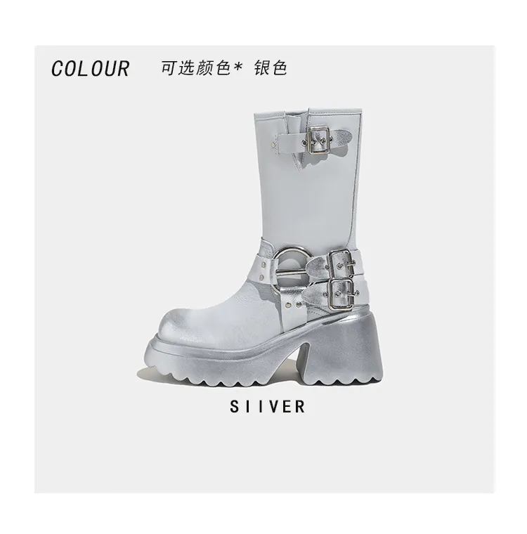 Punk Platform Boots for Women - Round Toe Zipper Buckle Mid Calf Winter ...